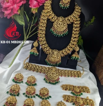 MATTE GOD DESIGN WITH PEACOCK DESIGN GREEN BEADS HANGING BRIDAL SET